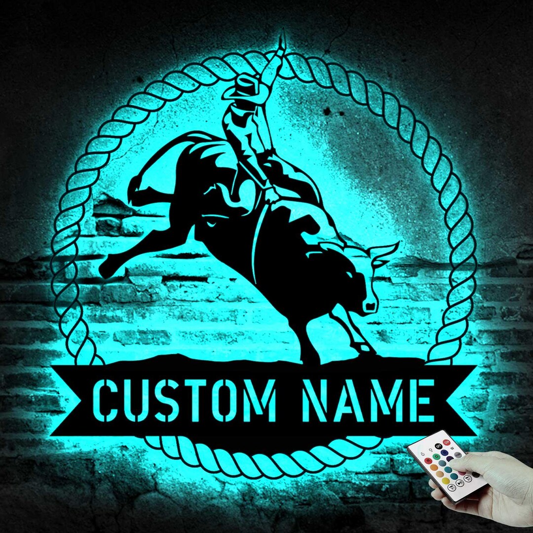 Personalized Bull Rider Metal Wall Art LED Light, Custom Rodeo Name ...