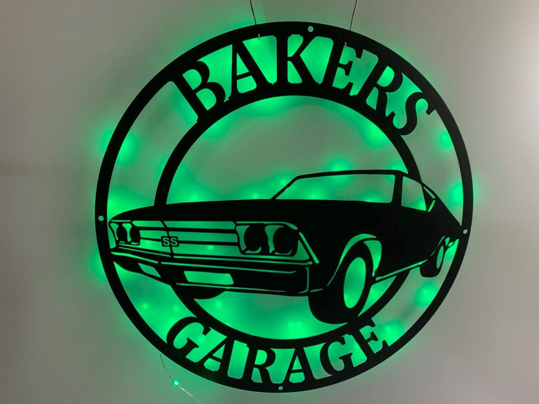 Custom Car Garage Metal Sign With LED Lights, Personalized Car Monogram ...