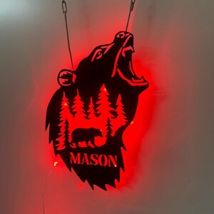 Custom Bear Metal Wall Art With LED Light, Mountain Bear Metal Name ...