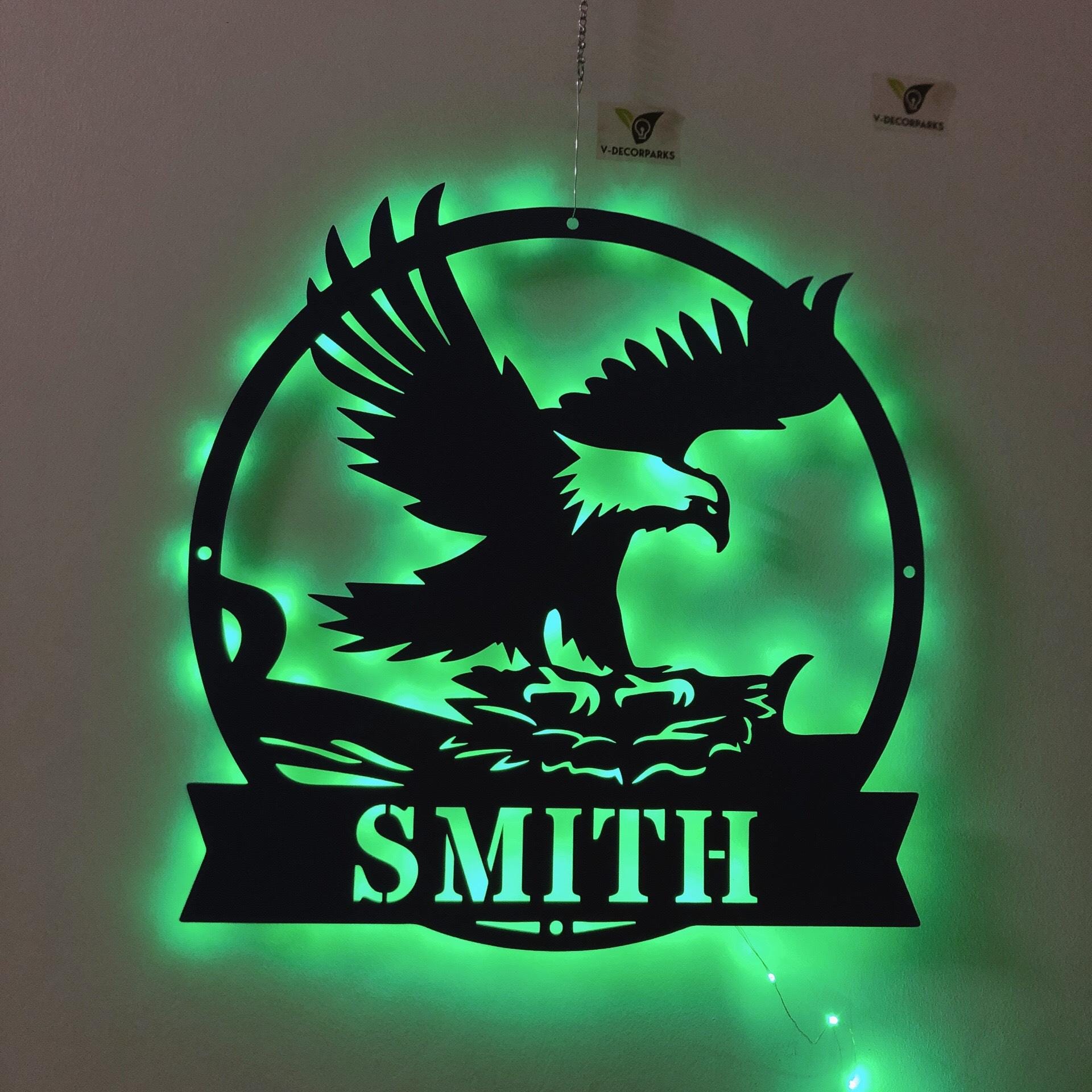Custom Eagle's Nest Monogram Metal Wall Art LED Lights,metal Eagle Sign ...