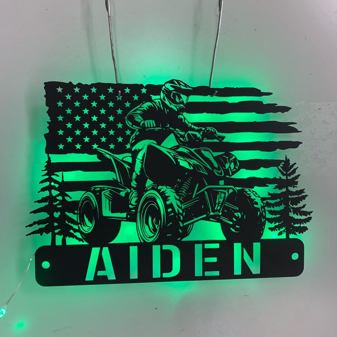 Custom US Flag ATV Quad Biker Metal Wall Art LED Lights, Personalized ...