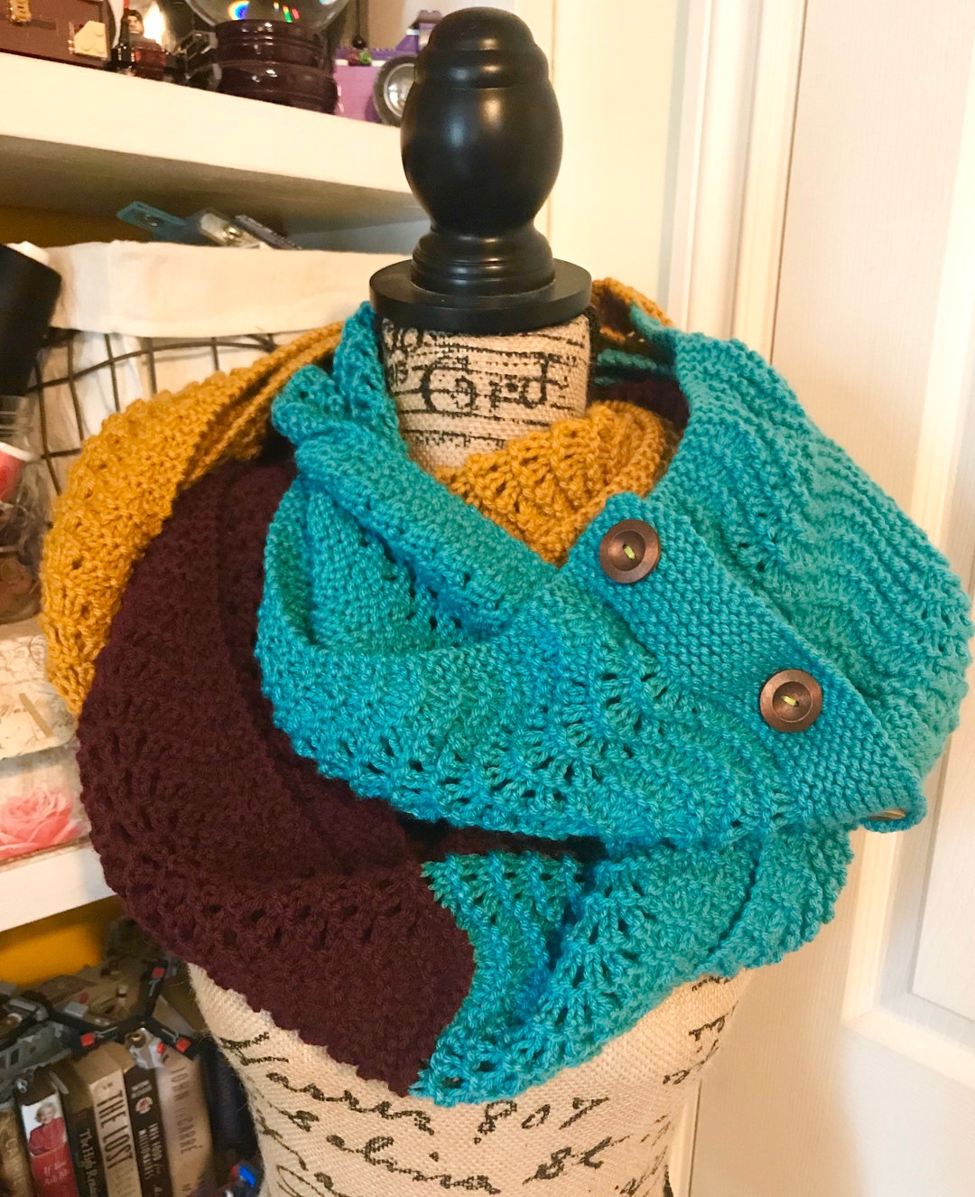 Fan and Feather Primary Color Mega Cowl With Wooden Buttons and ...