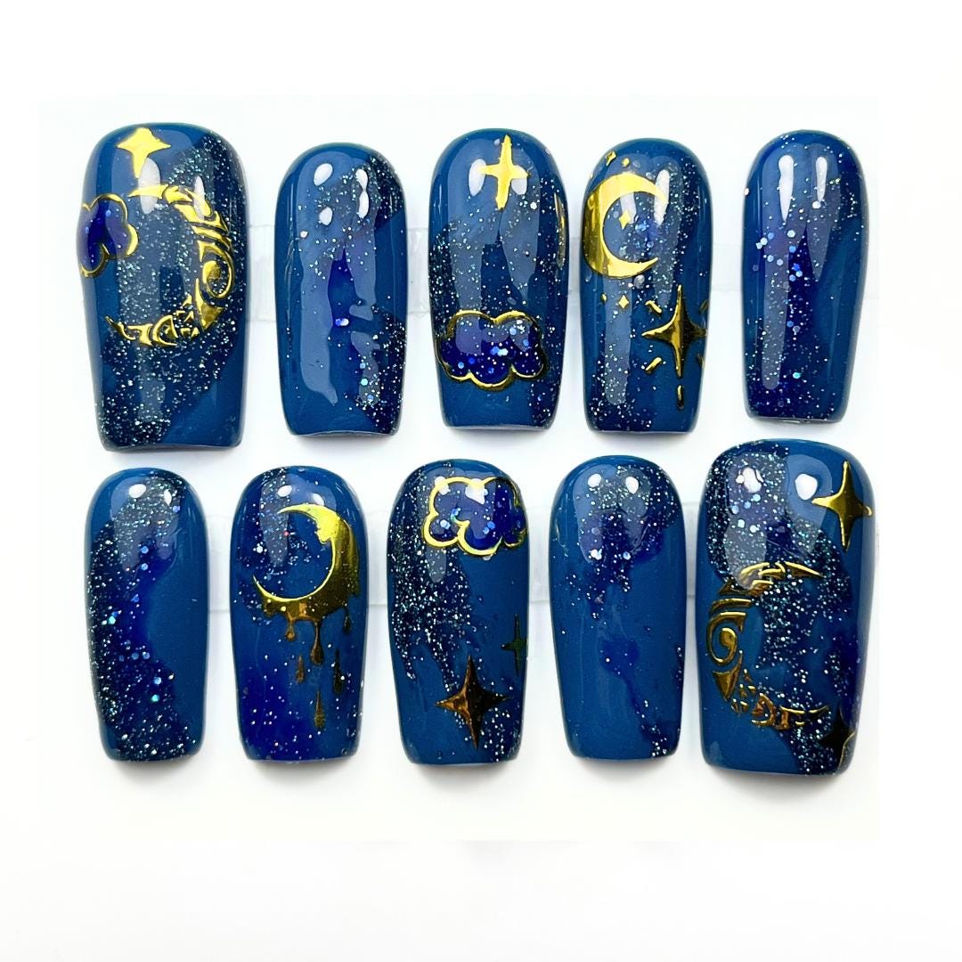 Dark Denim Blue Celestial Press-on Nails | Galaxy Moon & Star Nail Art ...