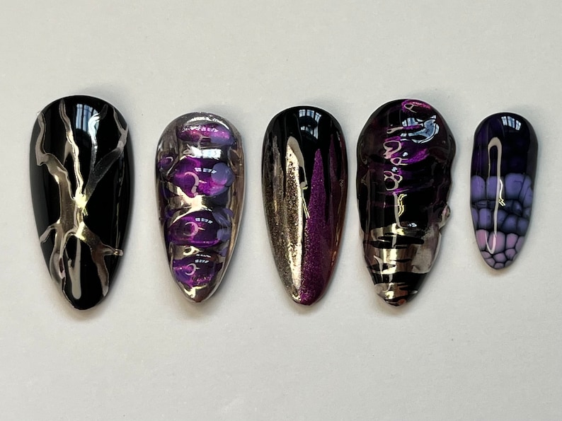 Cyberpunk Futuristic Goth Metallic Silver Press on Nails | 3D Almond ...