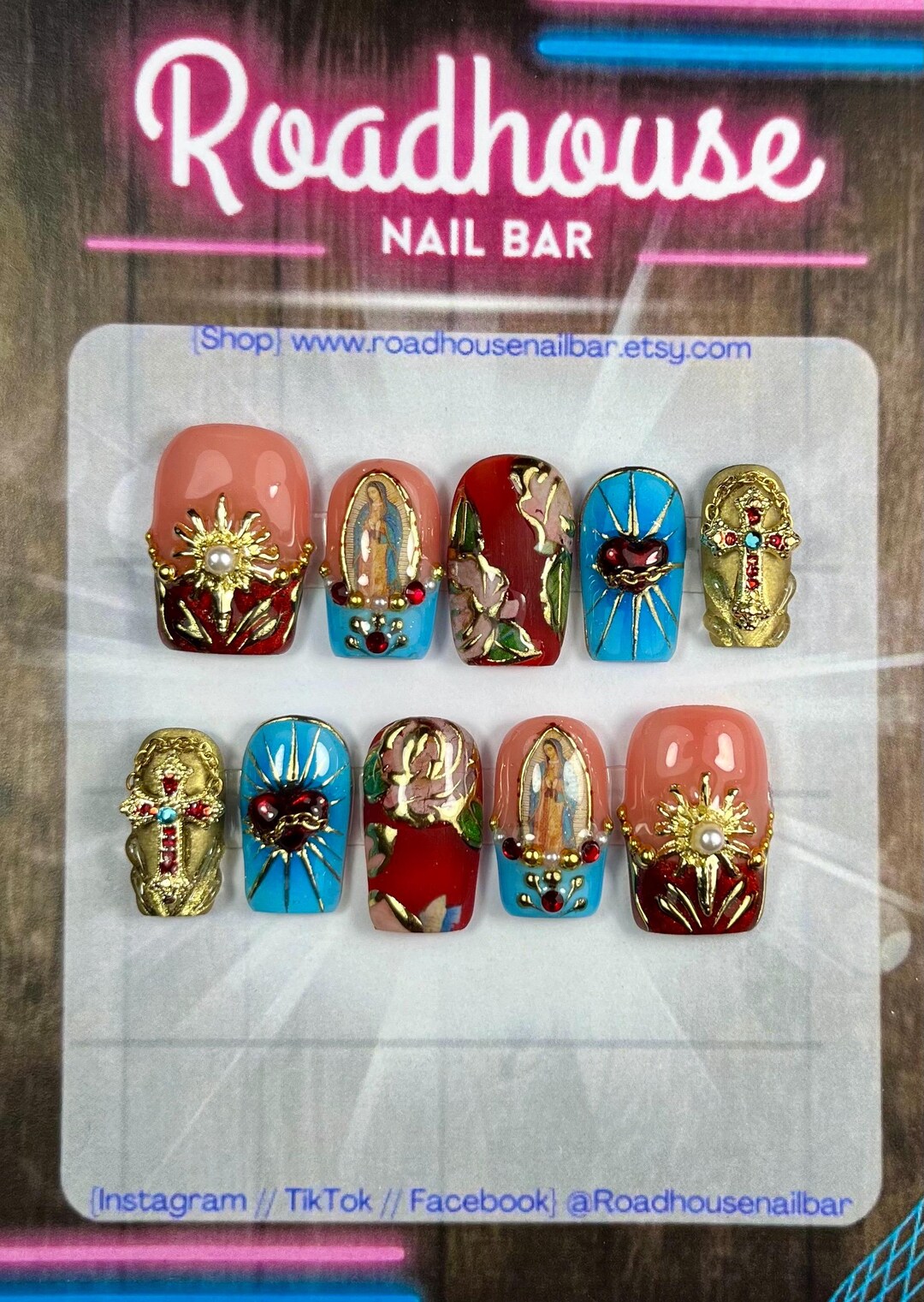 Catholic Roman 3D Jewelled Press on Nails | Religious Sacred Heart ...