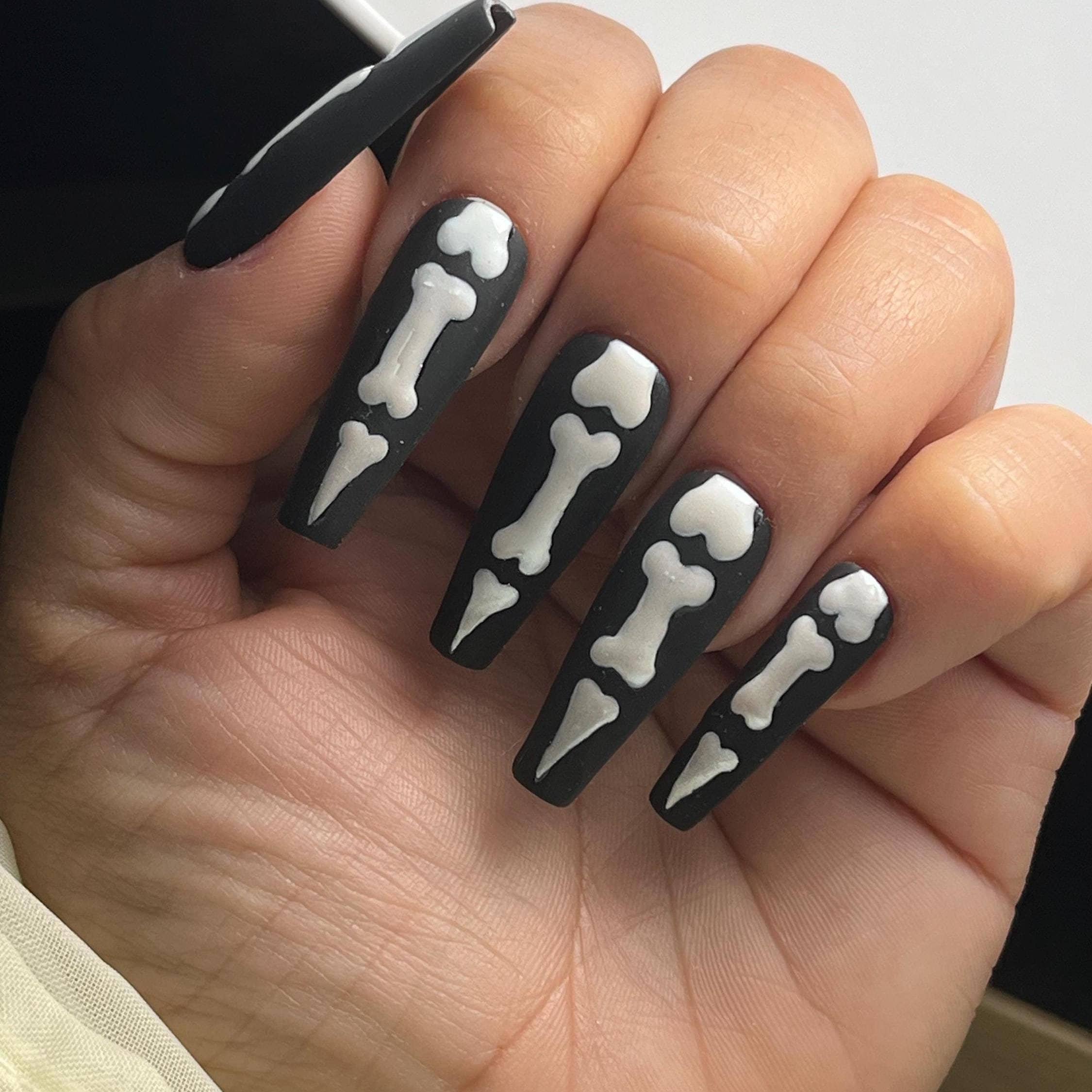 Skeleton Bones Press on Nails | Halloween Fake Nails | Hand-made Glue ...