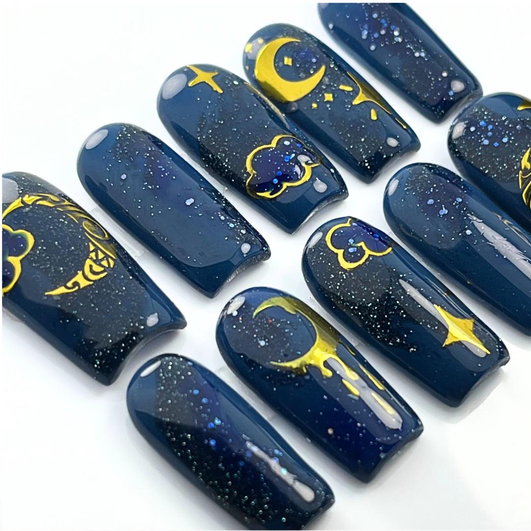 Dark Denim Blue Celestial Press-on Nails | Galaxy Moon & Star Nail Art ...