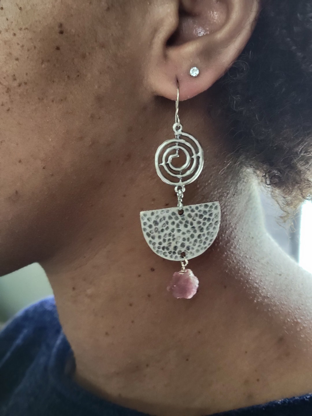 Swirl With Half-moon With 12mm Rough Pink Tourmaline Nugget Dangle. - Etsy