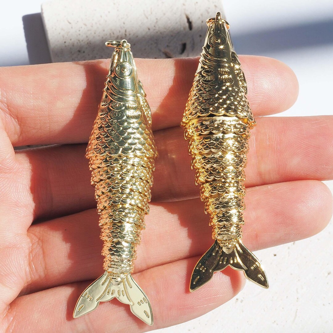 18K Gold Plated Large Sea Fish Pendant, Movable Fish Charm, DIY Jewelry ...