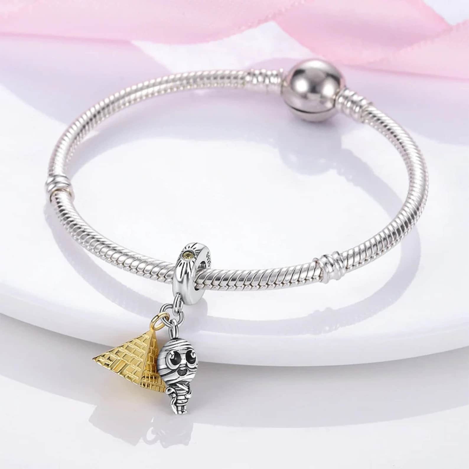Mummy & Golden Pyramid Dangle Charm - 925 Sterling Silver With Crystals ...