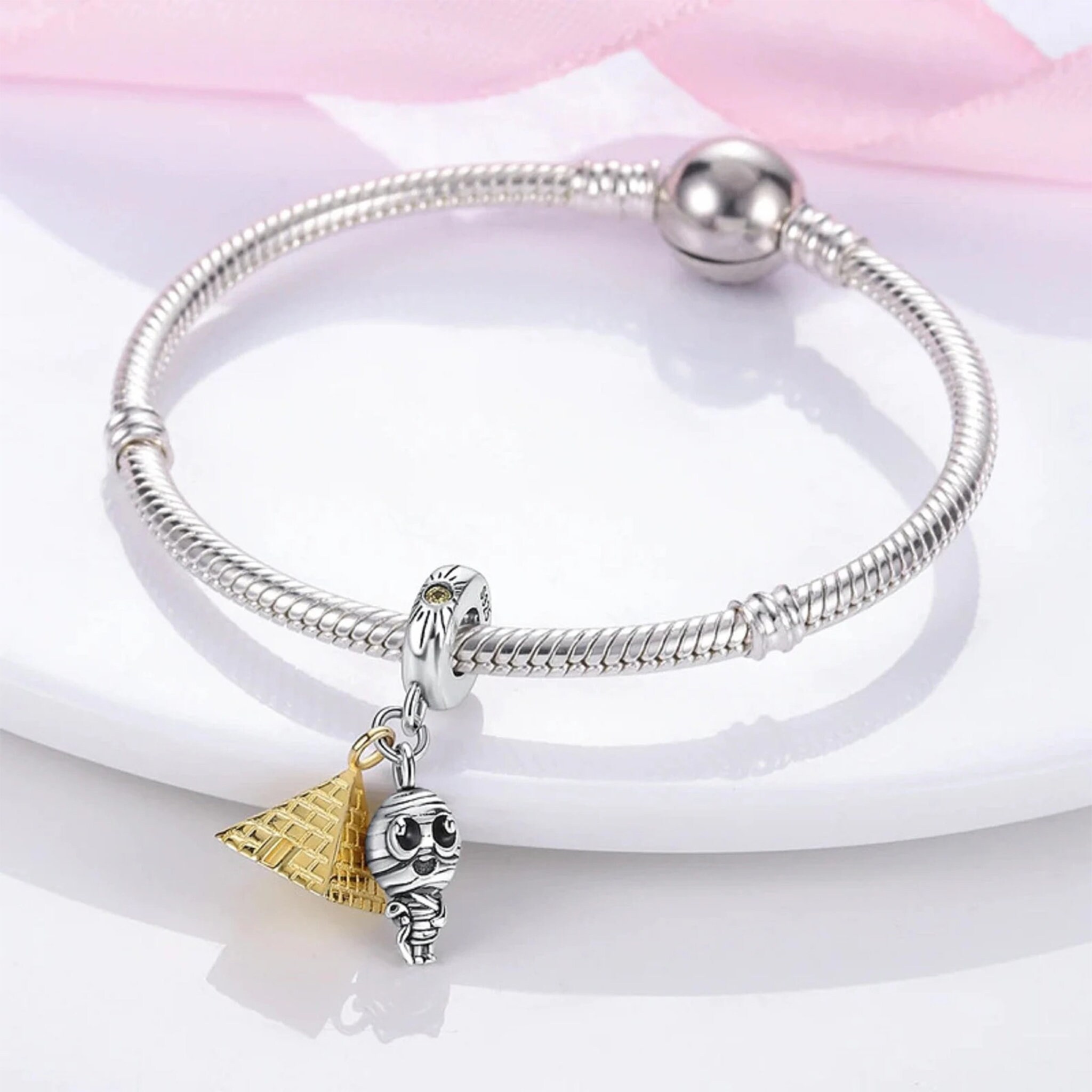 Mummy & Golden Pyramid Dangle Charm 925 Sterling Silver With Crystals ...