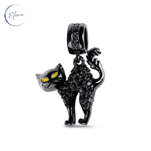 Black Cat Dangle Charm 925 Sterling Silver Bead Charm With Yellow ...