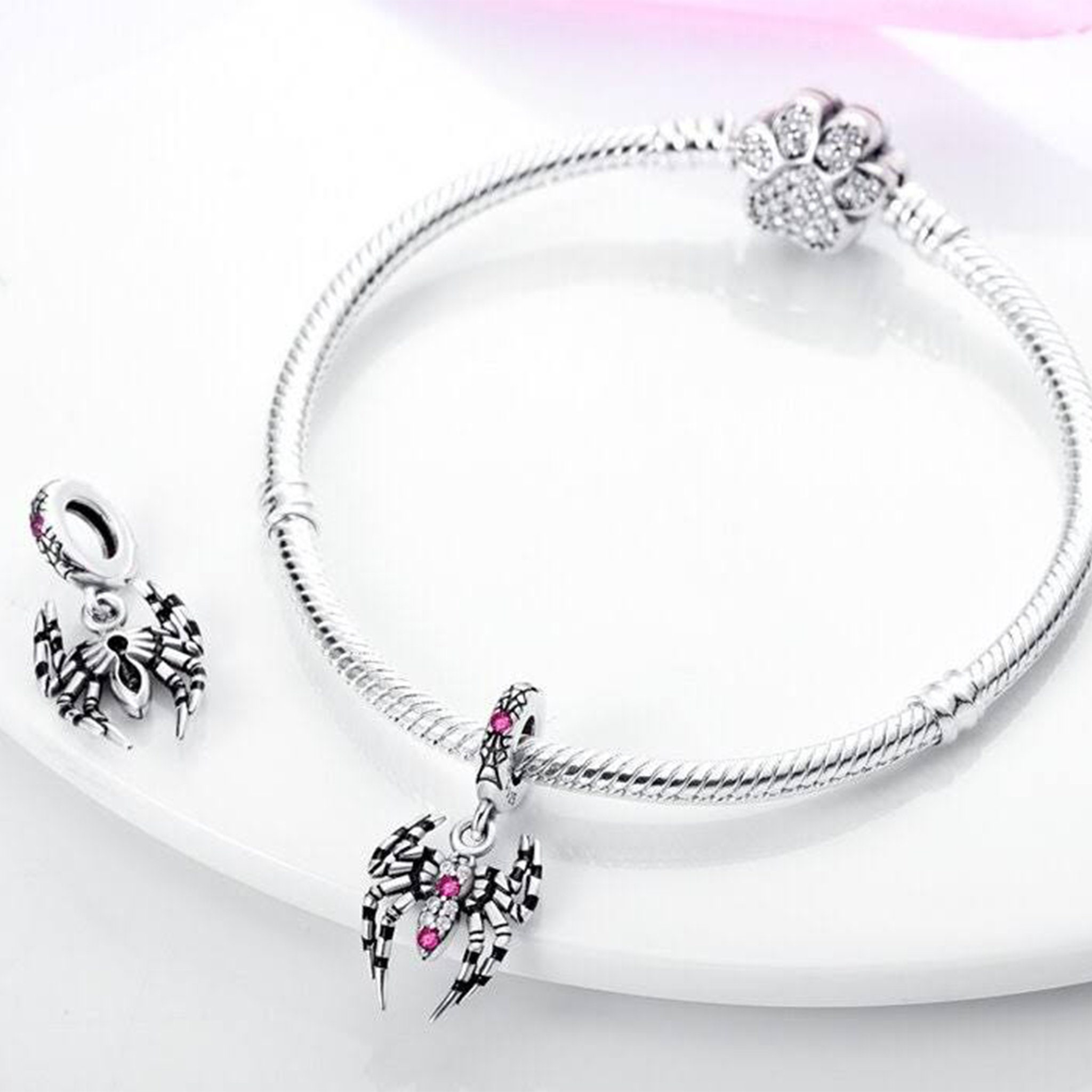 Pink Spider Sparkling Dangle Charm - Tarantula 925 Sterling Silver Bead ...