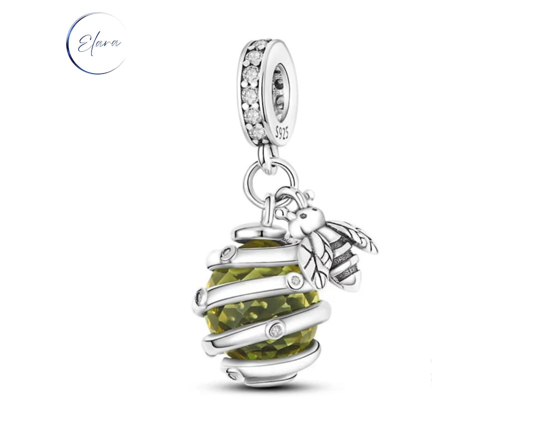 Honey Bee and Hive Dangle Charm - 925 Sterling Silver Pendant With CZ Crystals and Yellow ...