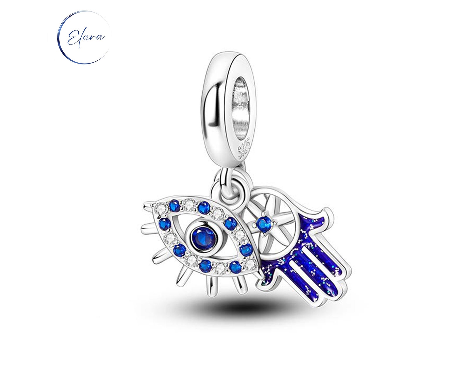 Blue Evil Eye & Hamsa Hand Dangle Charm - 925 Sterling Silver With ...