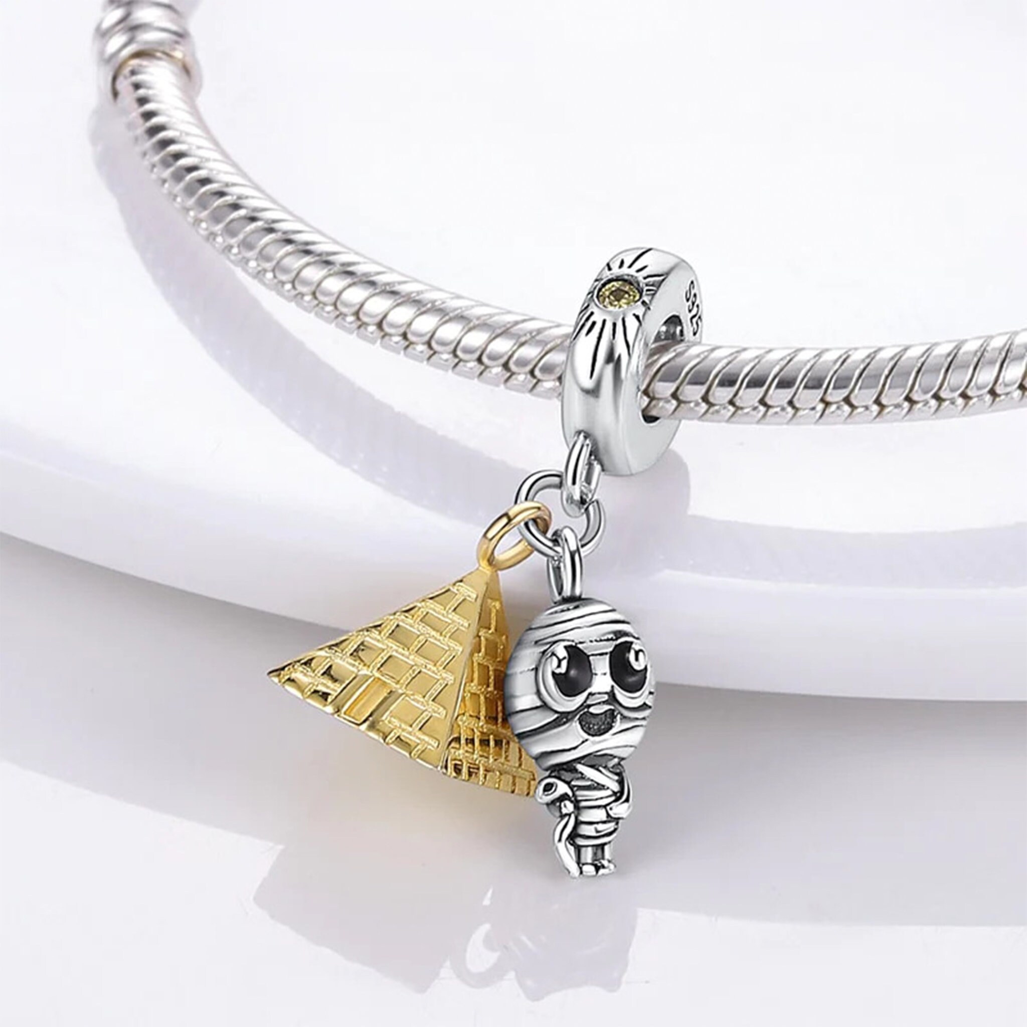 Mummy & Golden Pyramid Dangle Charm - 925 Sterling Silver With Crystals ...