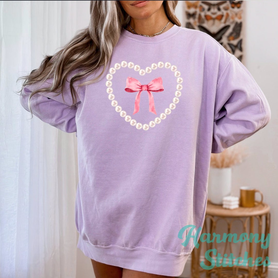 Coquette Girly Pink Bow With Pearls Heart Sweatshirt, Trendy Cute Soft ...