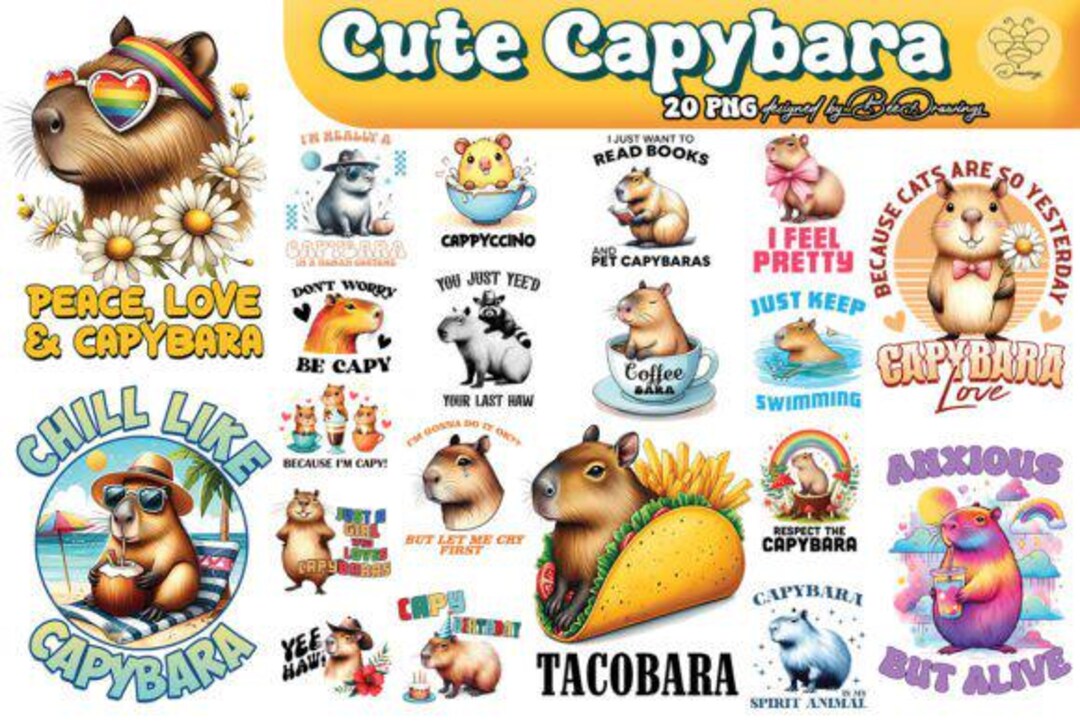 Cute Capybara PNG Funny Capybara Clipart Bundle Set Kawaii Animal ...
