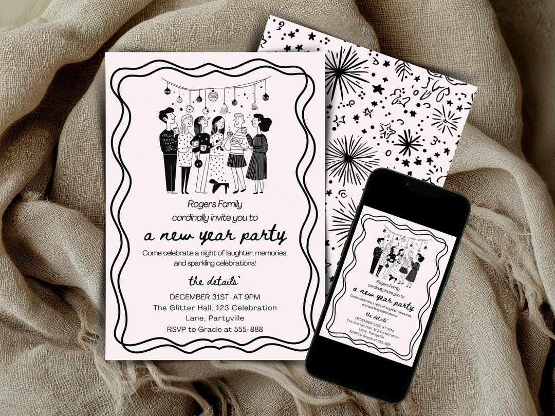 New Years Party Invite Retro Doodle Template NYE Celebration New Years ...