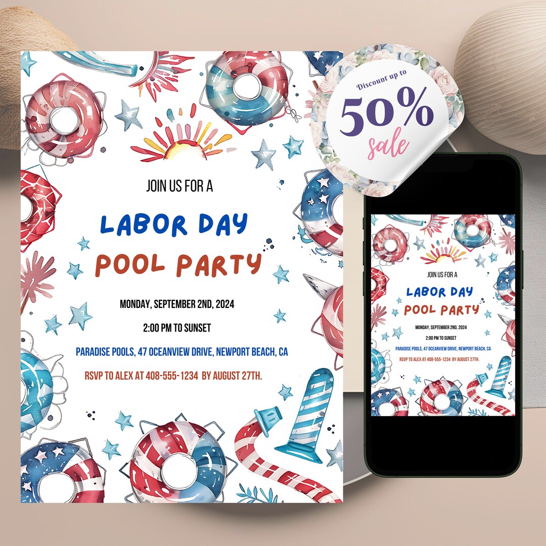 Labor Day Pool Party Invitation, Summer Cookout Printable Invitation ...