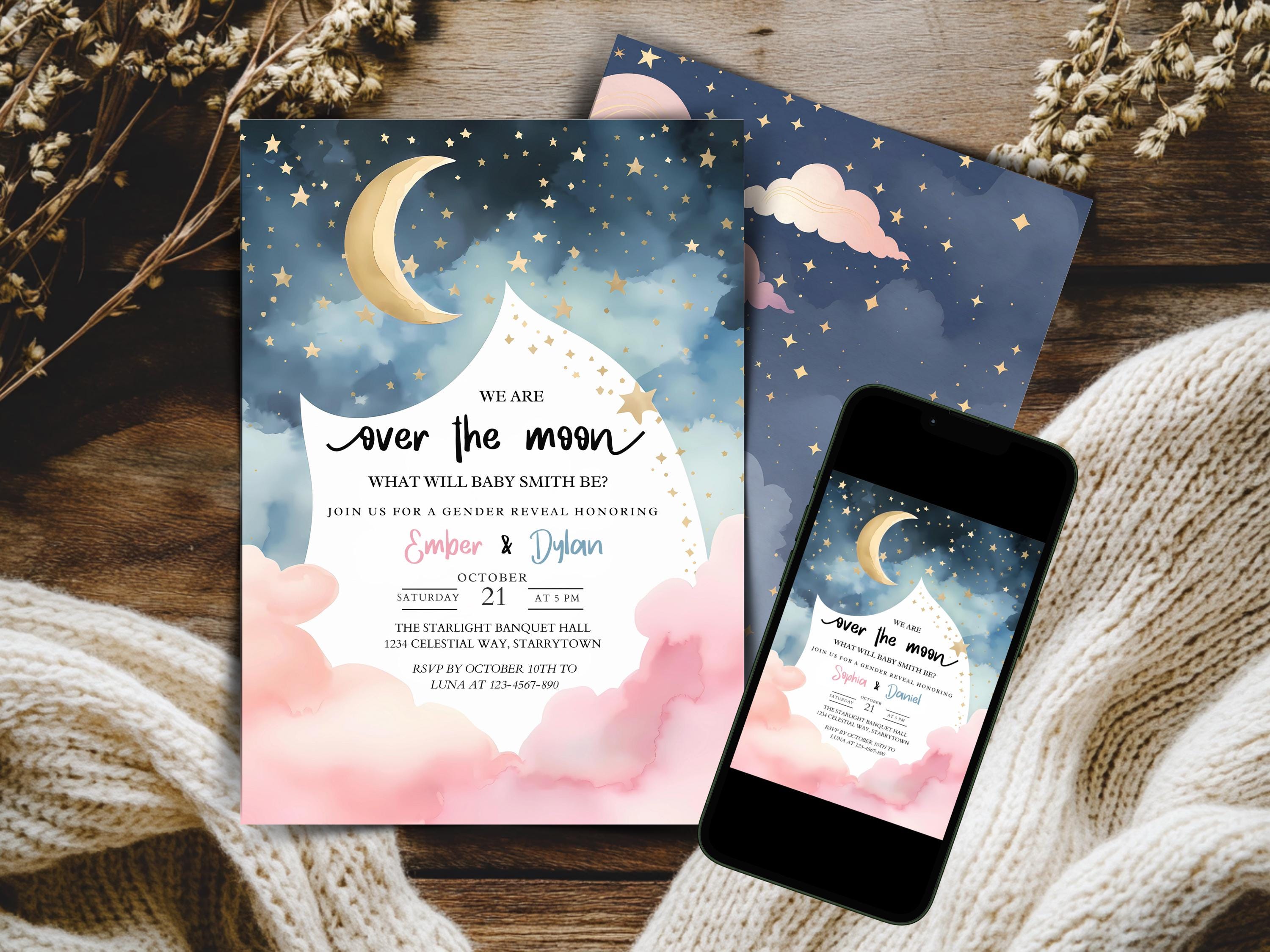 Over the Moon Gender Reveal Invitation Template Moon and Stars Invite ...