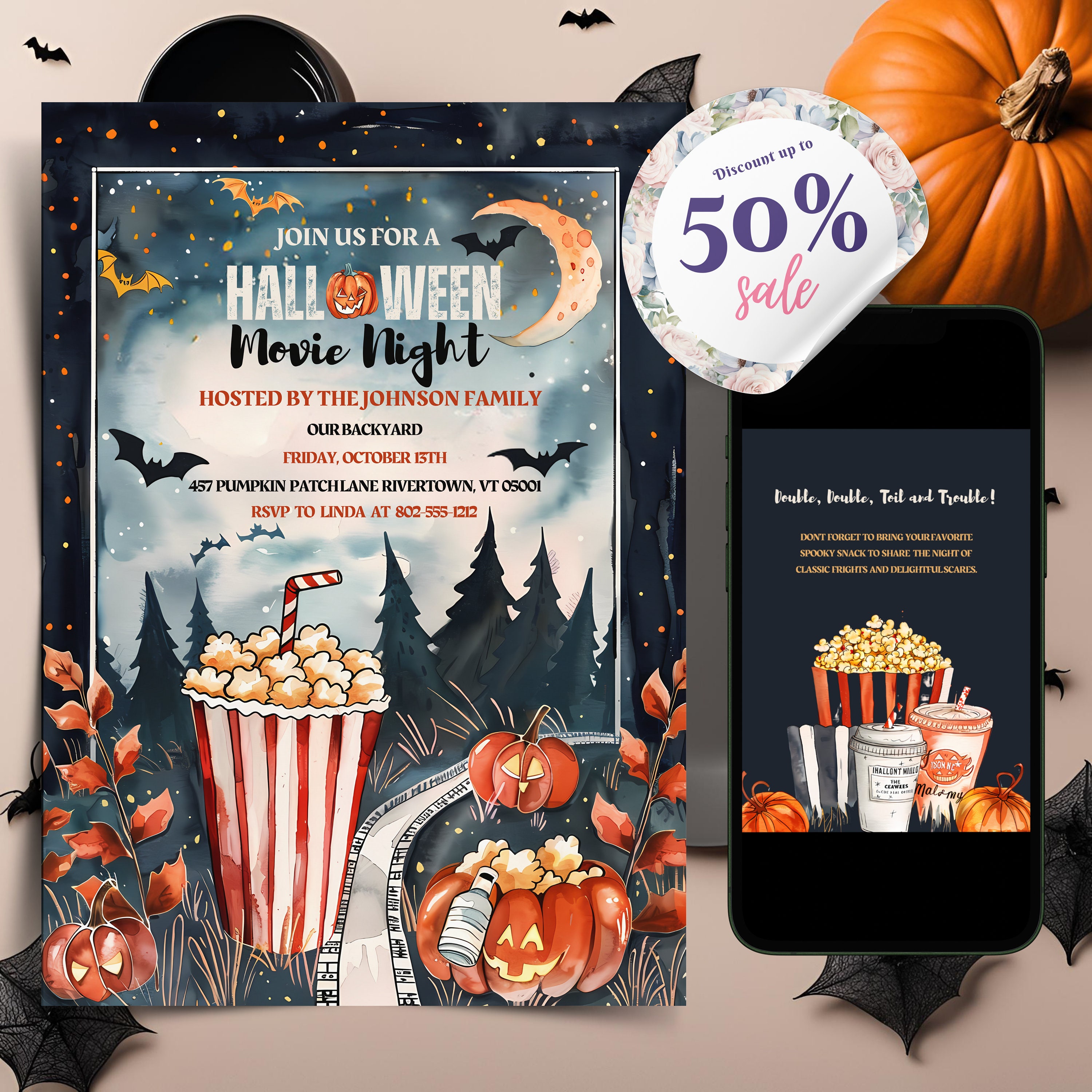Halloween Movie Night Invitation, Cinema Self Editing Invite, Backyard ...