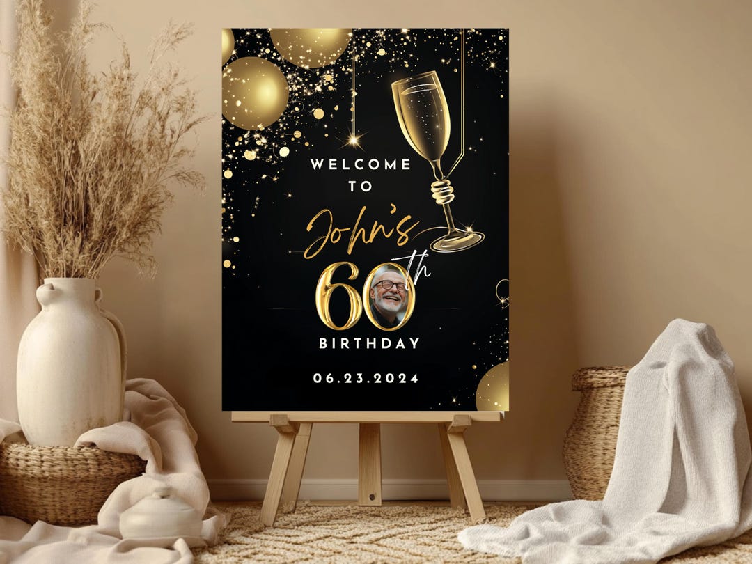 60th Birthday Welcome Sign Printable Modern Black and Gold Design ...