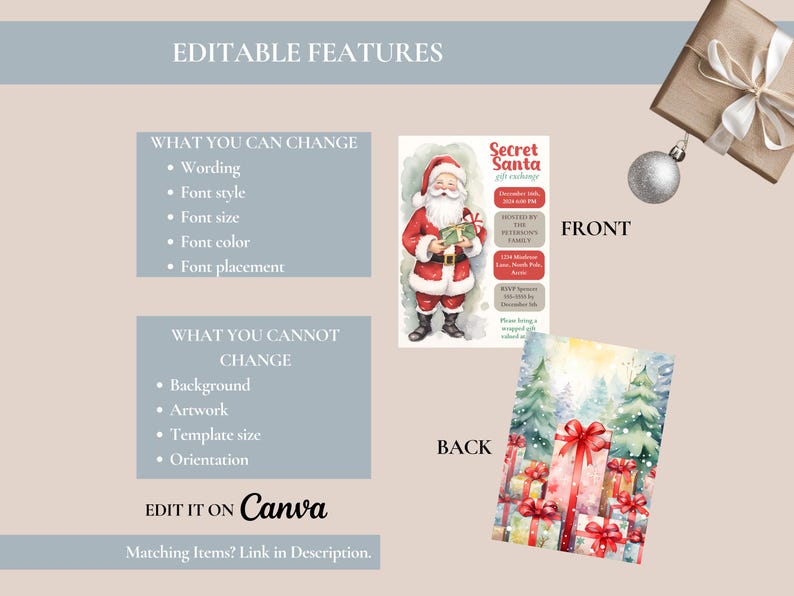 Editable Secret Santa Invitation Christmas Party Invite Holiday Gift Exchange Template Kris ...