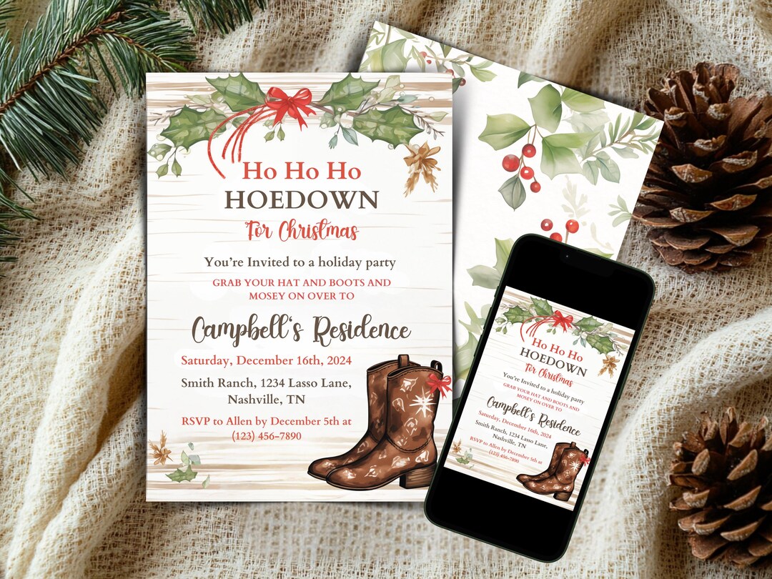 Western Christmas Party Invitations Editable Western Hoedown Christmas ...