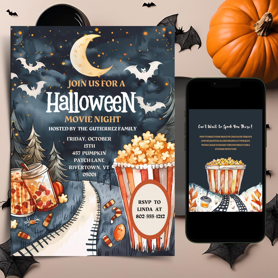 Halloween Movie Night Invitation EDITABLE, Family Halloween Party ...