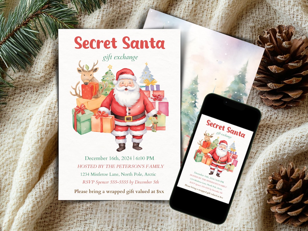 Secret Santa Invitation Editable Christmas Party Invite Printable Secret Santa Gift Exchange ...