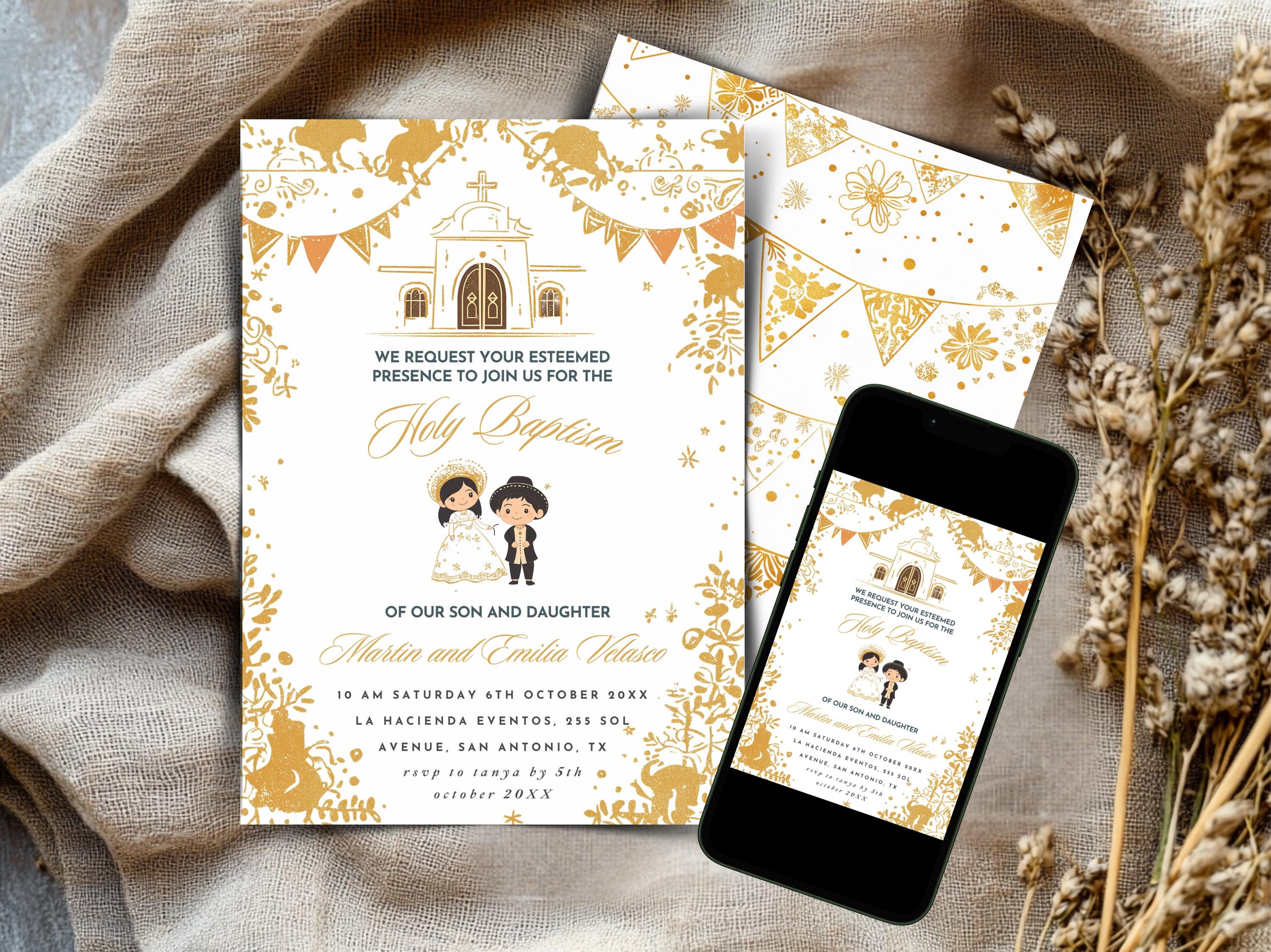 Boy and Girl Charro Baptism Invitation Mexican Theme Gold Charro ...