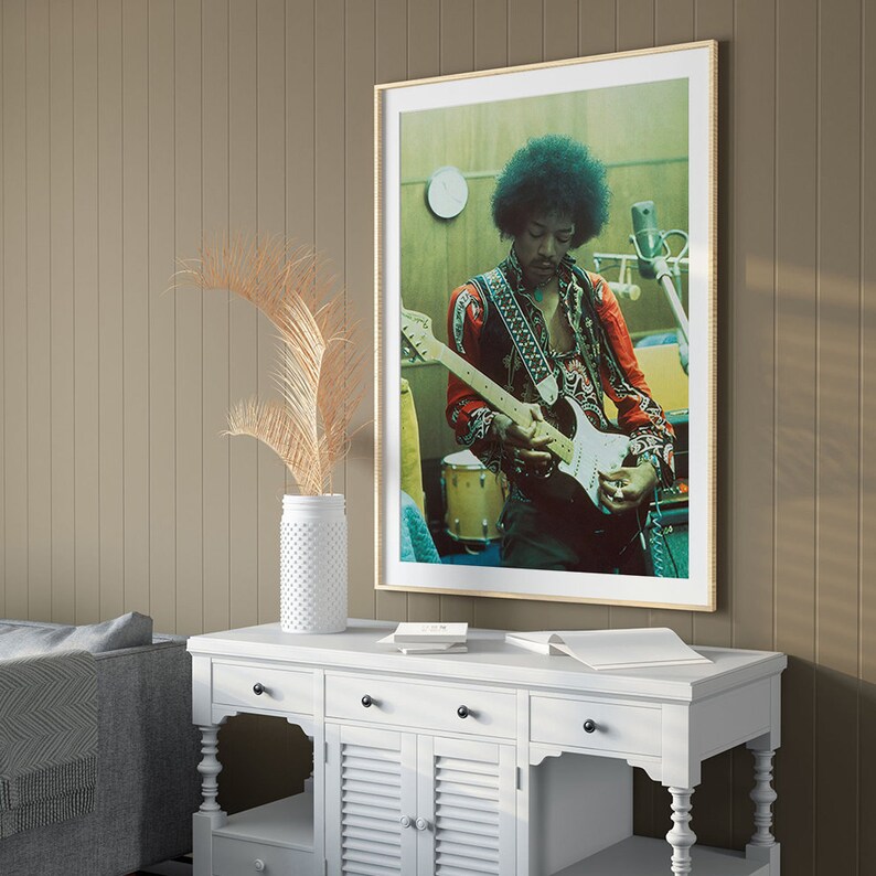 Jimi Hendrix in the Studio Fender Strat Guitar Poster, Art Poster for ...