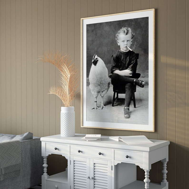 Boy With Chicken Rooster Smoking Cigarette Original Poster, Wall Art ...