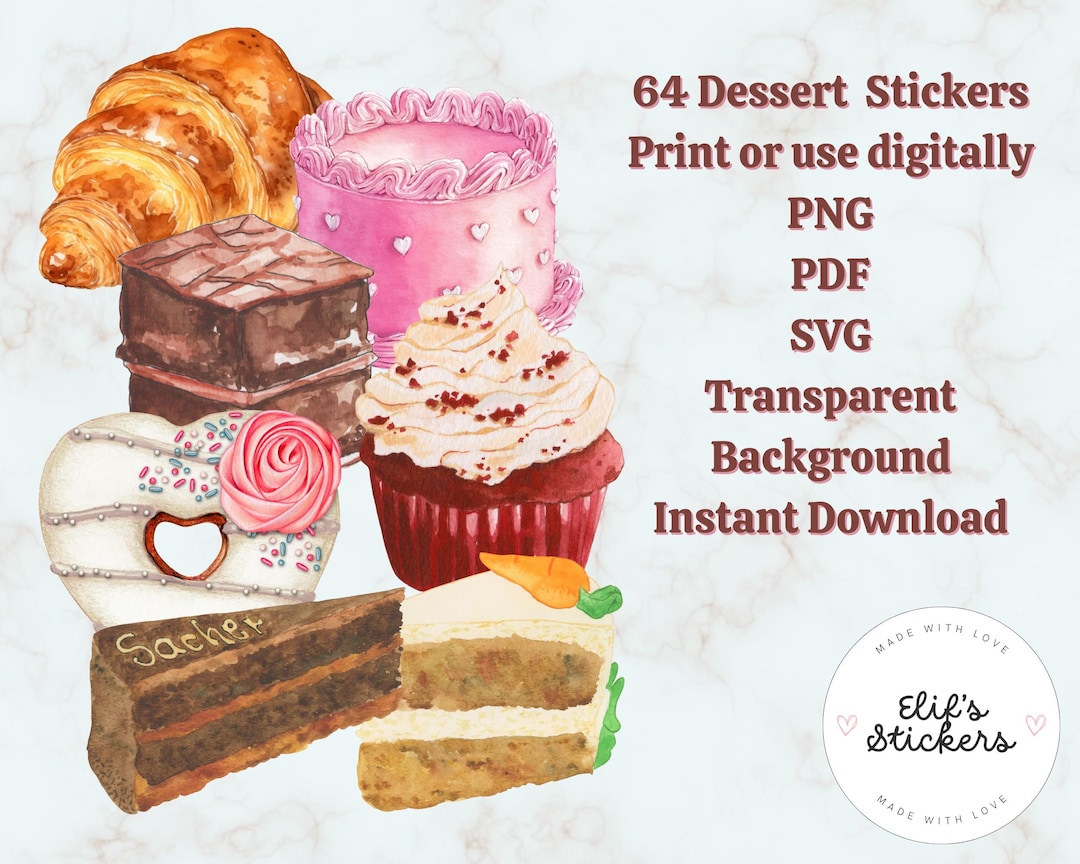 Dessert Stickers, Print & Cut, Transparent Background (PNG, PDF, SVG ...