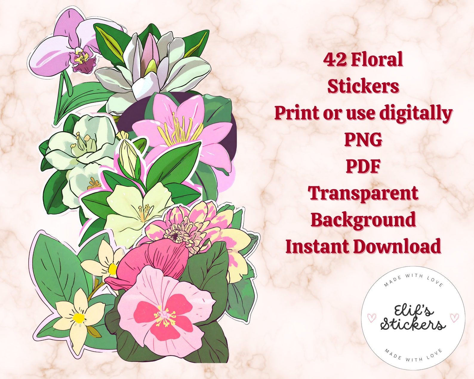 Digital Floral Stickers PNG and PDF, Printable Floral Stickers, Print ...