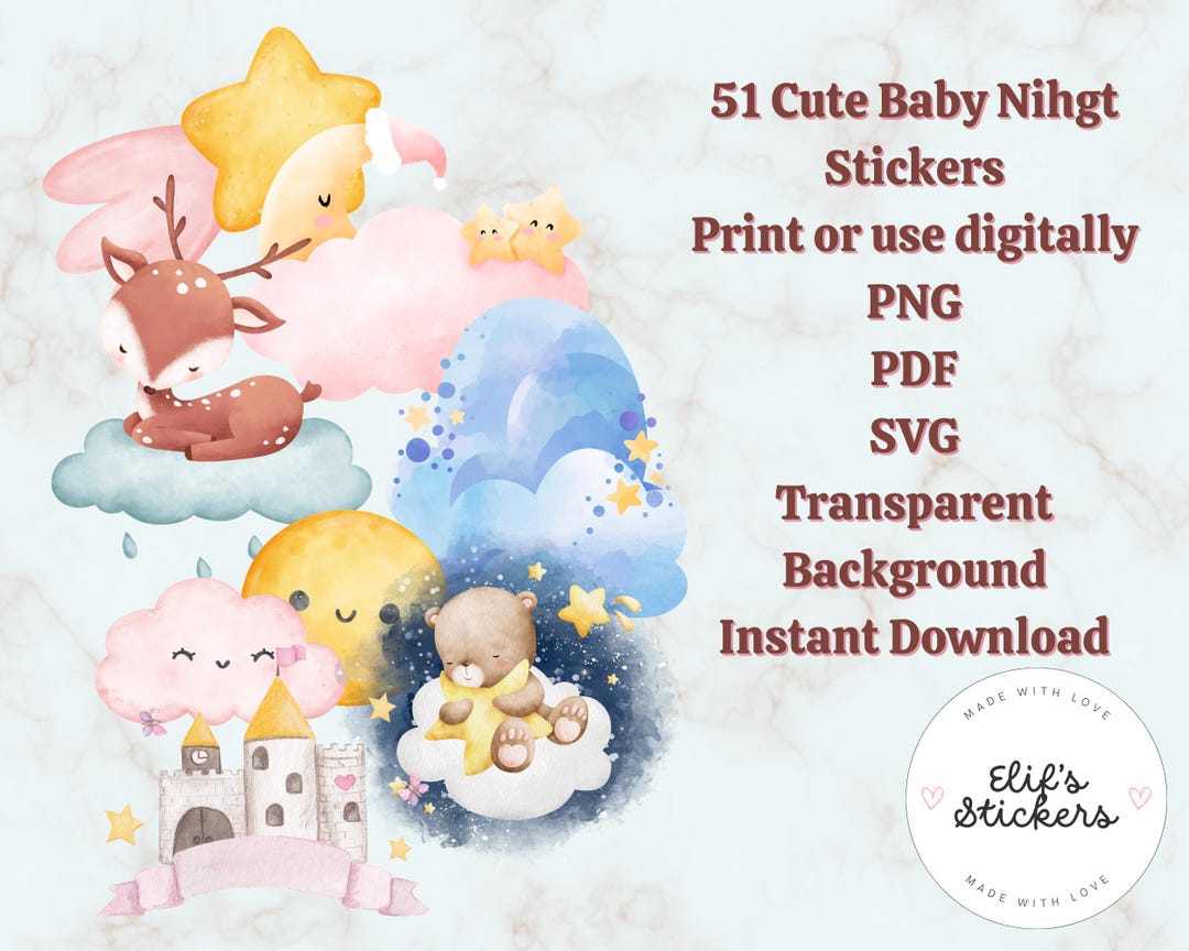 Digital Cute Baby Night Stickers PNG, PDF and SVG, Printable Stickers ...