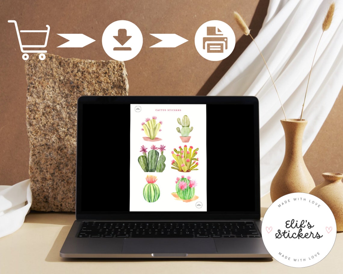 Digital Cactus PNG and PDF, Printable Cactus Stickers, Print and Cut ...