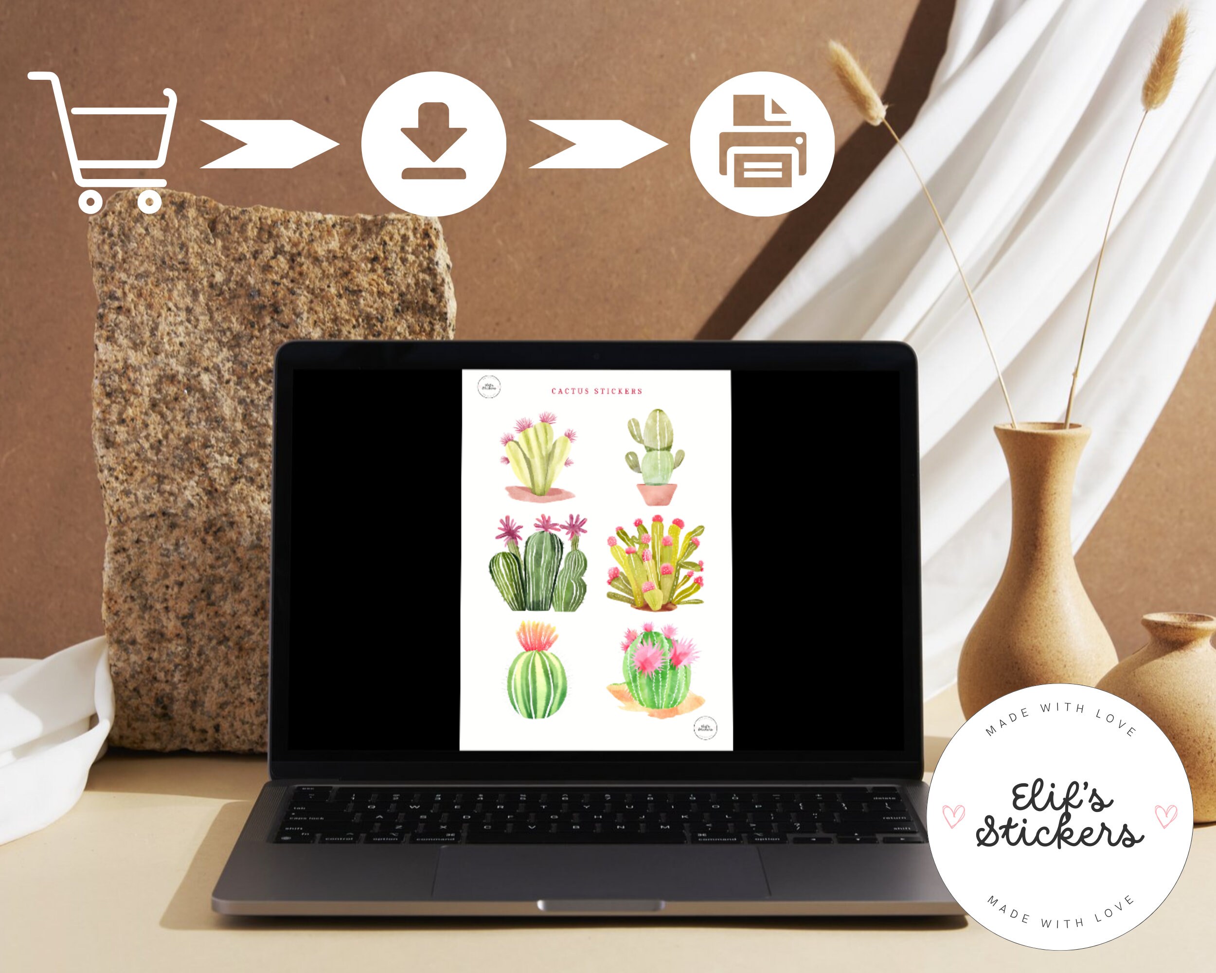 Digital Cactus PNG and PDF, Printable Cactus Stickers, Print and Cut ...