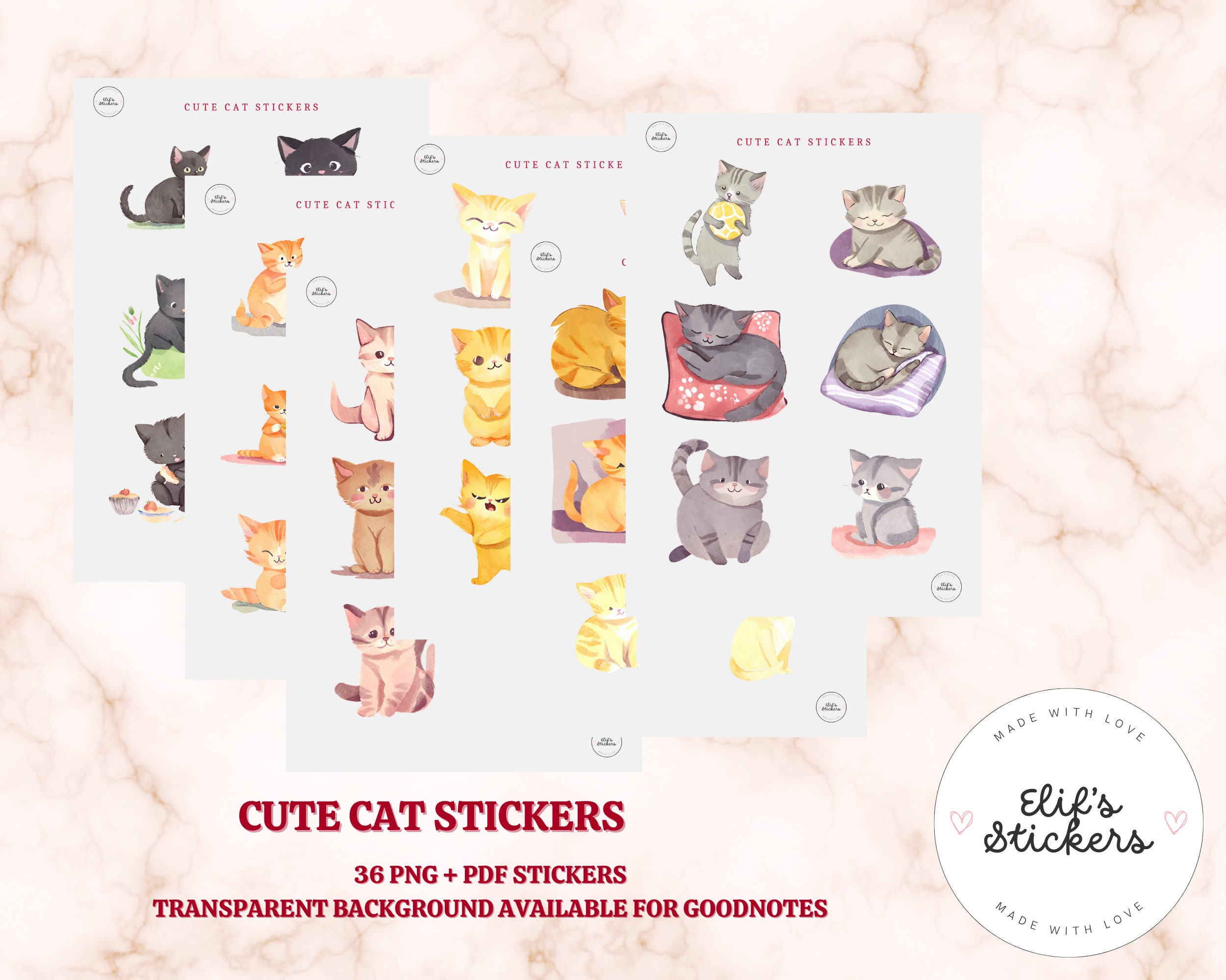 Digital Cute Cat Stickers PNG and PDF, Printable Cat Stickers, Print ...