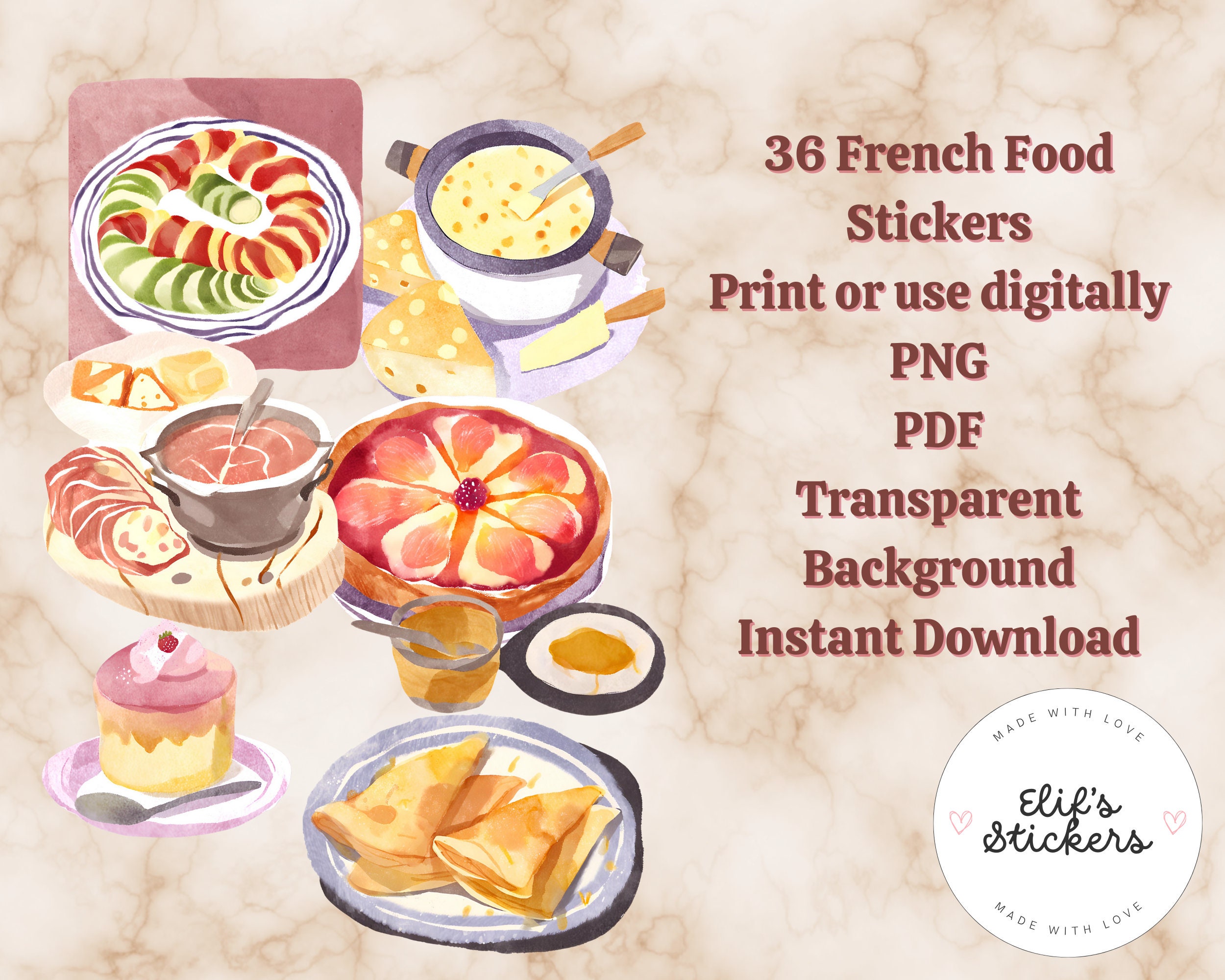 Digital French Food PNG and PDF, Printable French Food Stickers, Print ...