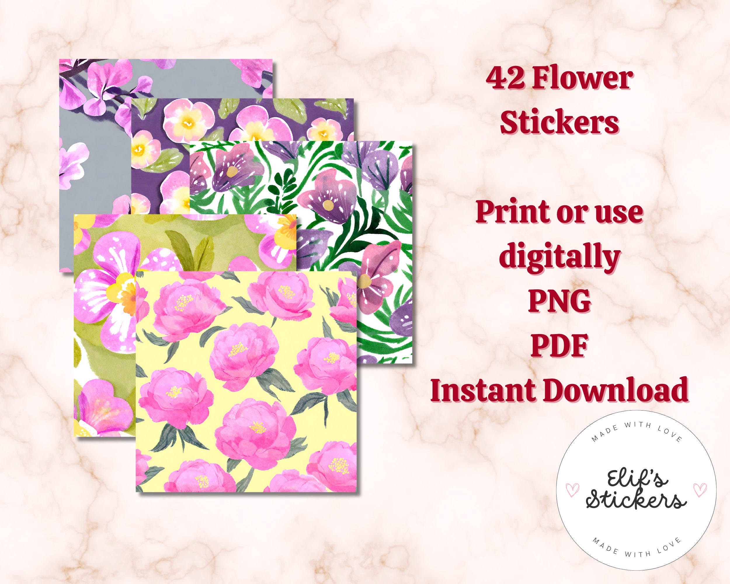 Printable Floral Stickers PNG and PDF, Flower Stickers Png, Print and ...
