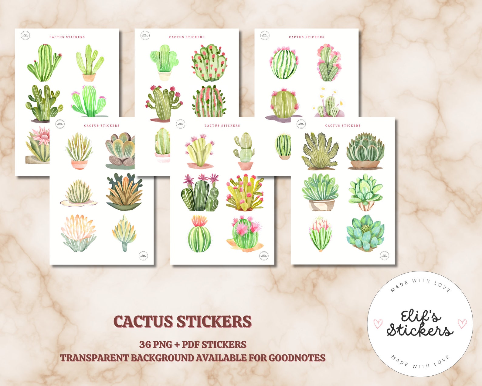 Digital Cactus PNG and PDF, Printable Cactus Stickers, Print and Cut ...
