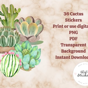 Digital Cactus PNG and PDF, Printable Cactus Stickers, Print and Cut ...