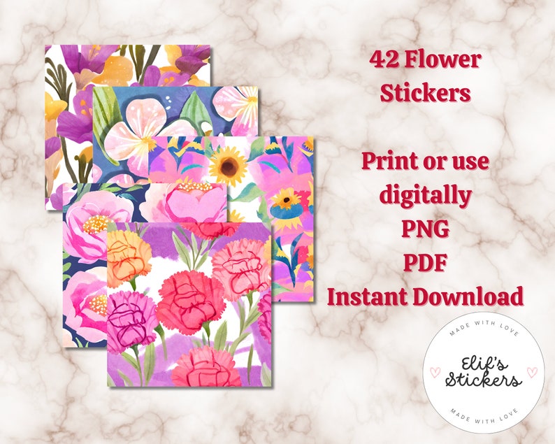Printable Floral Stickers PNG and PDF, Flower Stickers Png, Print and ...