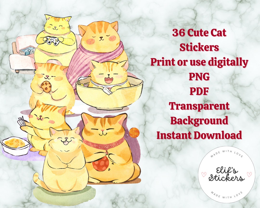 Digital Cute Cat Stickers 2 PNG and PDF, Printable Cat Stickers, Print ...