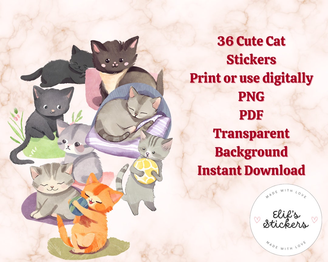 Digital Cute Cat Stickers PNG and PDF, Printable Cat Stickers, Print ...