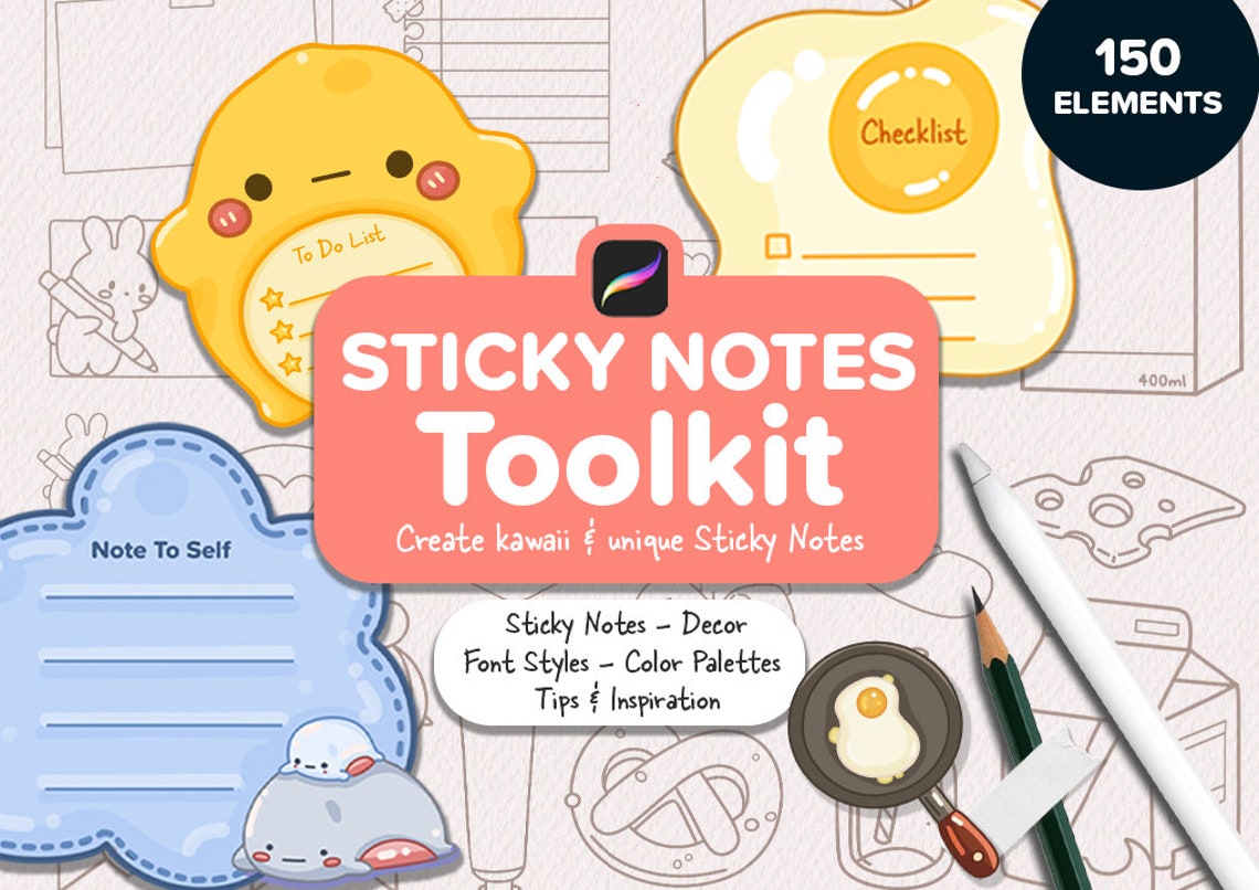Kawaii Sticky Notes Procreate Brush Pack – Cute Stamps, 150 Elements - Etsy