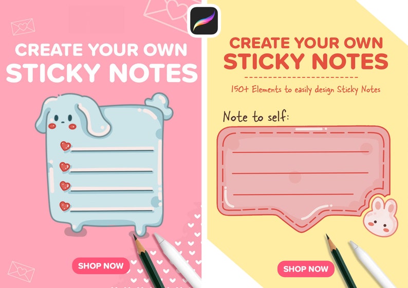 Kawaii Sticky Notes Procreate Brush Pack – Cute Stamps, 150 Elements - Etsy