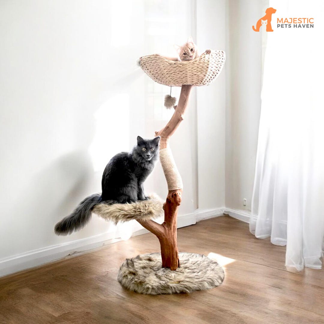 Wooden Cat Tree Tower With Sleeping Basket Cat Tree With Soft Calming ...
